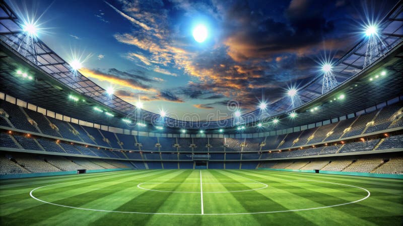 Ground-Level Stadium Sunset, Lit Field, Full Composition Stock ...