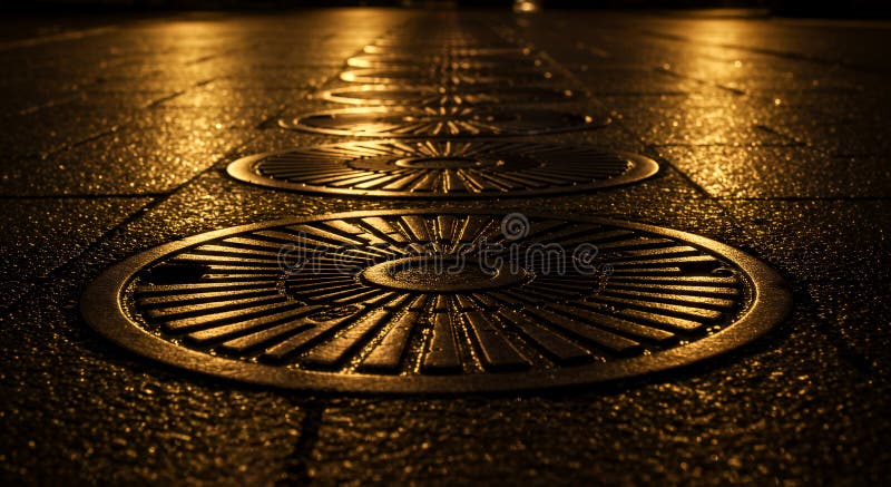 Ground-level View of Decorated Metal Plates in a Row on Pavement Stock ...