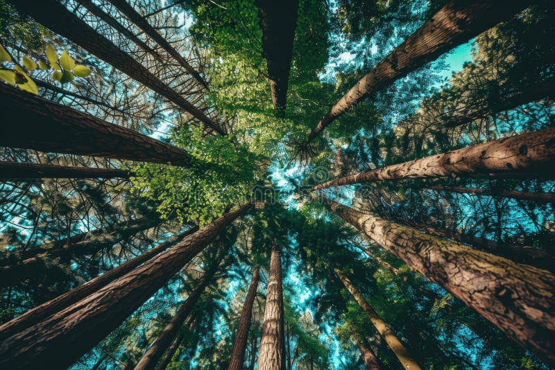 Ground-level View of a Dense Forest, Looking Upwards at Towering Trees ...