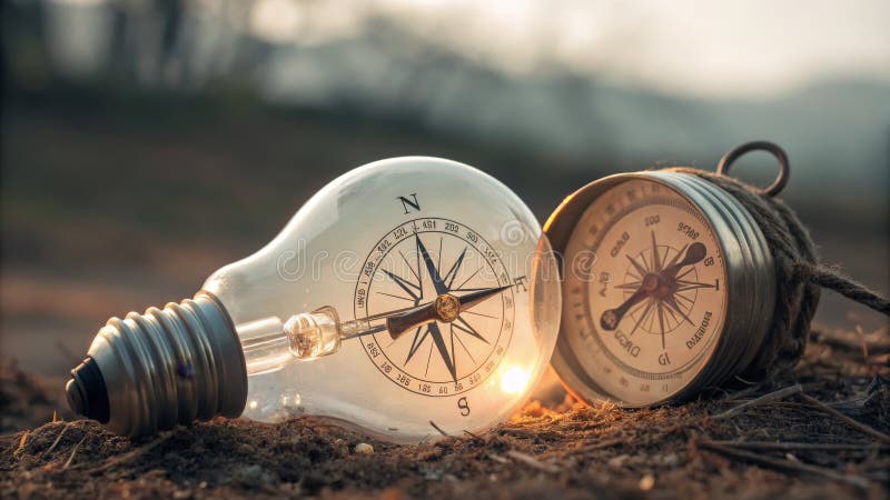 Ground-Level View Lightbulb and Compass Composition, Illuminated ...
