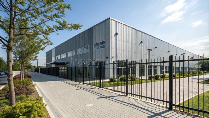 Ground-Level View Modern Gray Warehouse with Black Fence Stock ...