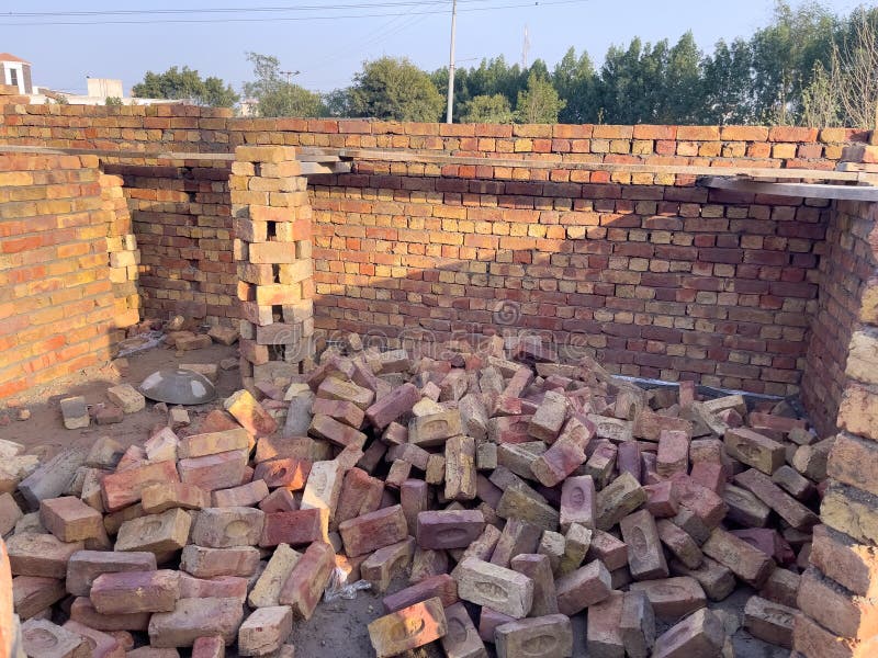 Ground-Level View of Piled Bricks at Worksite Stock Photo - Image of ...