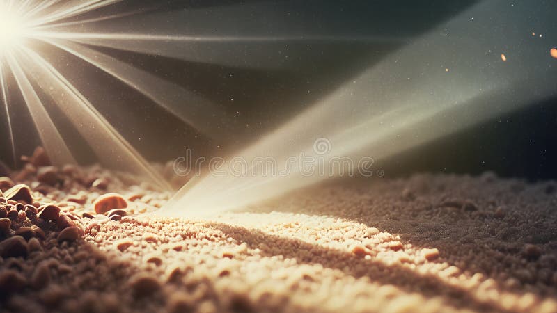 A Ground Level View of Sand and Pebbles Illuminated by Bright Rays of ...