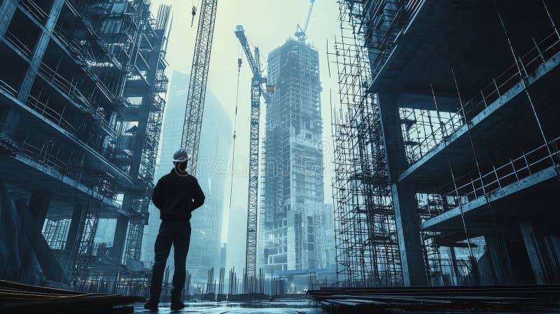 Ground Level View of Structural Engineer Inspecting Foundation in Urban ...