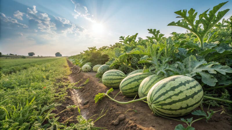 Ground-Level Watermelon Field at Sunset Stock Illustration ...