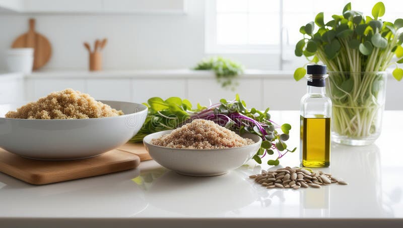 Ground Nuts, Grains, and Fresh Basil on Modern Kitchen Counter Stock ...
