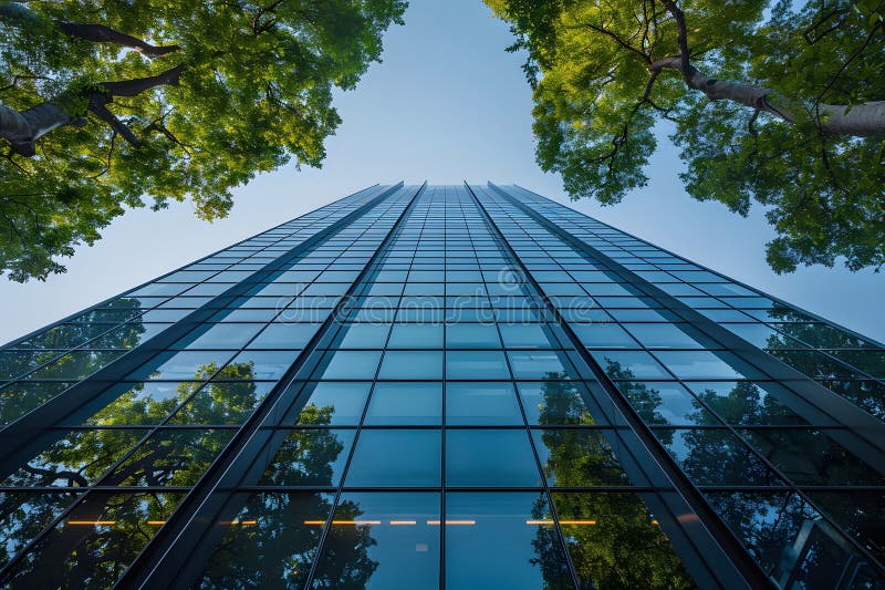 Modern Skyscraper with Reflective Glass Windows and Green Trees from ...
