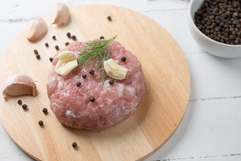 Ground Pork Hamburger on Chopping Block Stock Image - Image of ...