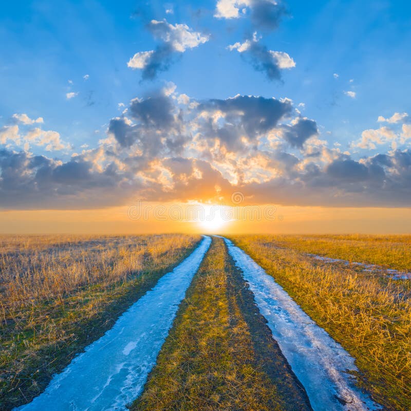 Ground Road among Prairies at the Sunset Stock Photo - Image of ...