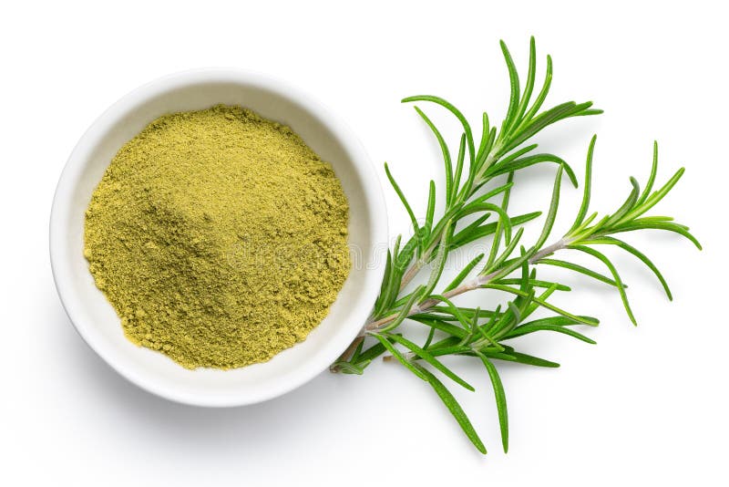 Ground Rosemary in a White Ceramic Bowl Next To Fresh Rosemary Isolated ...
