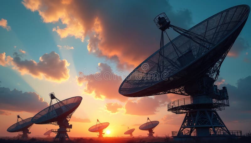 Ground Station with Satellite Dishes Array Transmits Data at Sunset ...