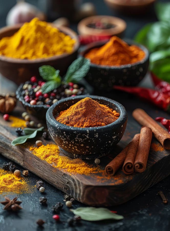 Ground Turmeric and Other Spices on Wooden Board Stock Image - Image of ...