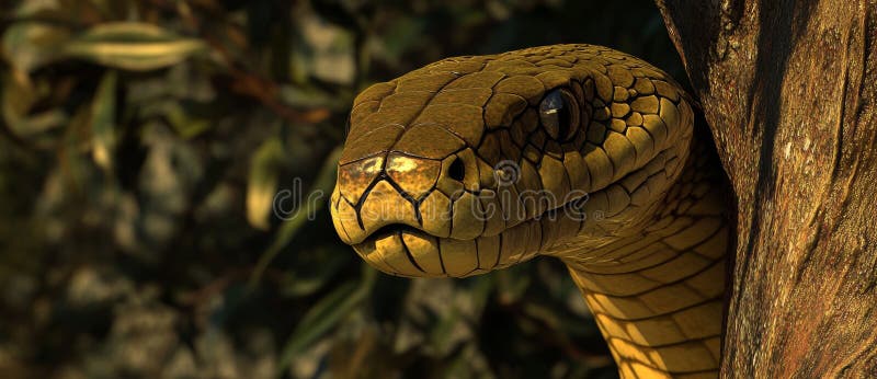 From a Ground-up Angle, a Striped Brown Snake Hangs Coiled from a Thick ...