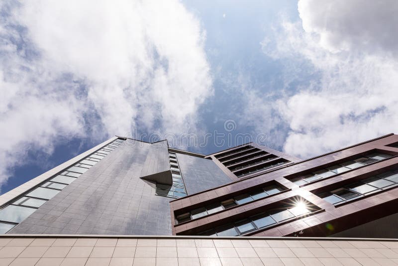 Ground View of High Apartment Building with Modern Tiled Facade. Stock ...