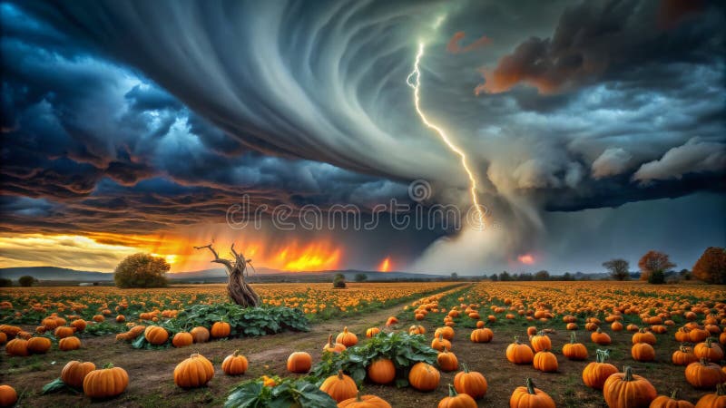 Ground View Stormy Sunset Over Pumpkin Patch Stock Illustration ...