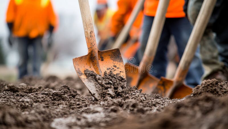 At the Groundbreaking Ceremony, a Diverse Team of Construction Workers ...