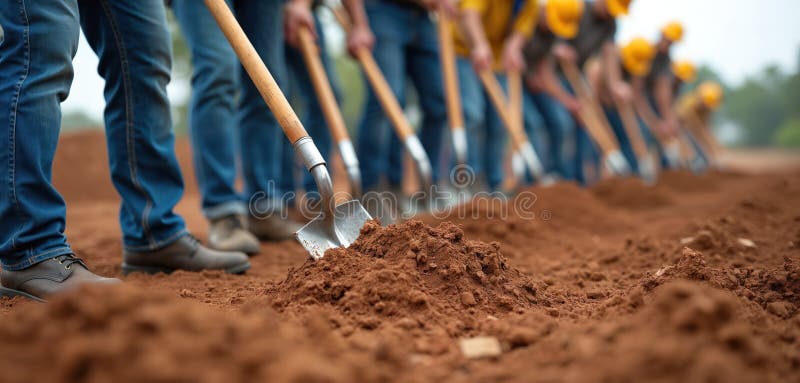 Groundbreaking Ceremony Shows Team of Workers Digging Earth with ...
