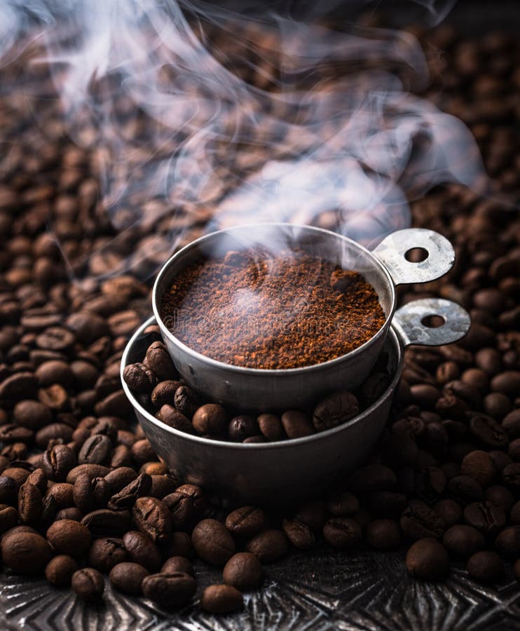 Grounded Coffee, Beans, Coffe Maker and Spicces Stock Image - Image of ...