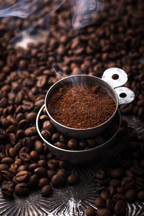 Grounded Coffee, Beans, Coffe Maker and Spicces Stock Photo - Image of ...