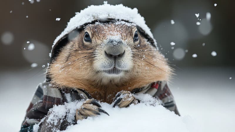 Groundhog Bundled Up in Warm Winter Clothes, Making Its Way through Stock Photo - Image of white ...