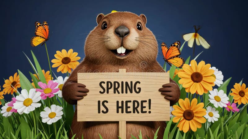 Groundhog with a Cheerful Expression Holding a Sign "Spring is Here" in ...