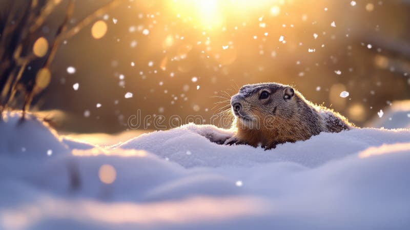 Groundhog Coming Out of His Hole in the Snow, Winter Time Digital Stock ...
