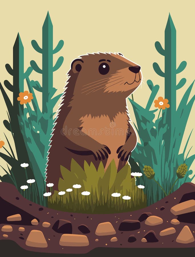 Groundhog Day. Groundhog in His Burrow. Cartoon Graphics Stock ...