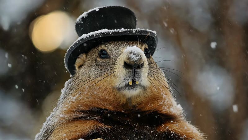 A Groundhog Dressed in a Formal Top Hat, Standing in a Snowy Setting ...