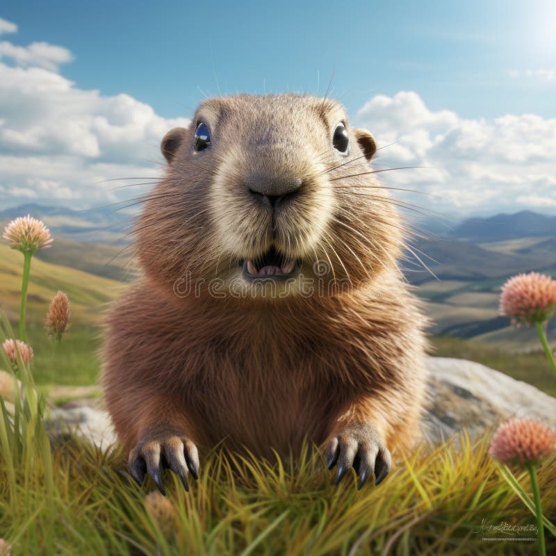 Cute Groundhog in a Lively Field: Hyperrealistic Landscape Inspired by ...