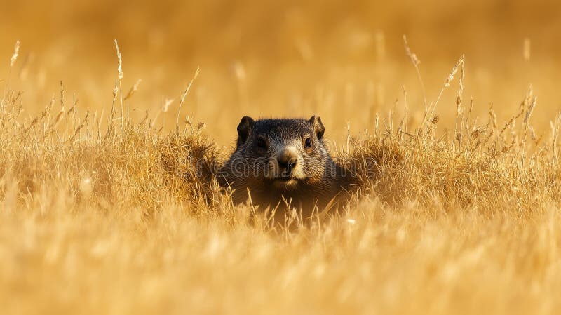 Groundhog Emerging from Burrow in Golden Grassland Stock Illustration ...