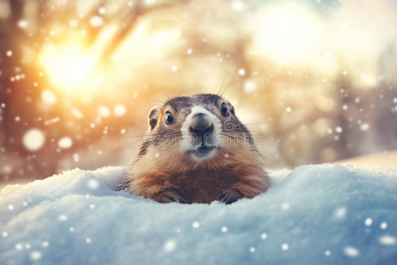 Groundhog Emerging from Snow at Sunset during Groundhog Day Stock Image ...