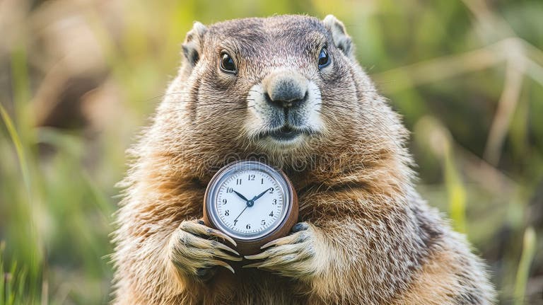 Groundhog Holding a Tiny Alarm Clock, Looking Grumpy about Waking Up ...