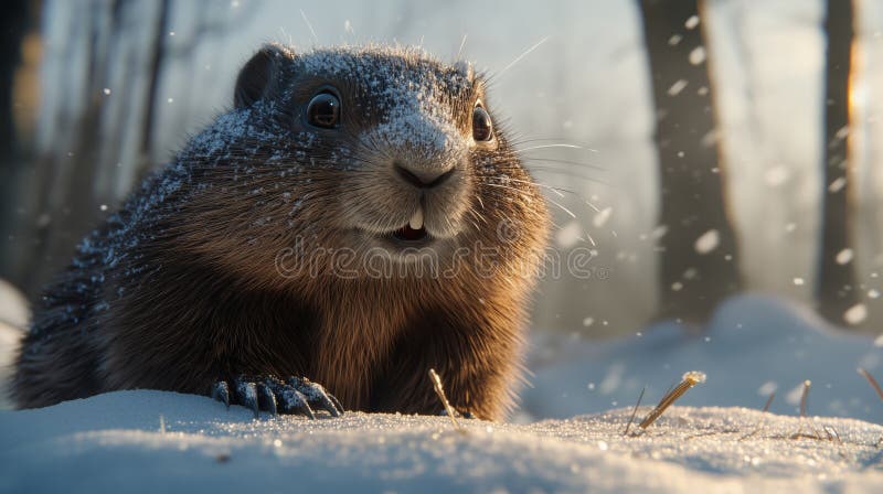 Groundhog Interacts with Snow in a Serene Forest Stock Image - Image of ...