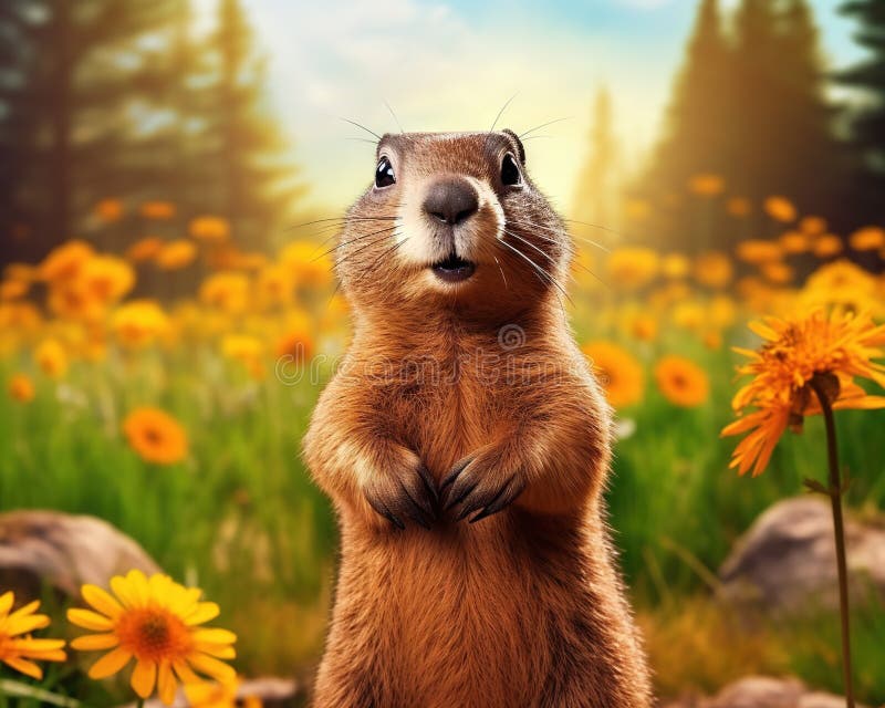 Groundhog is Looking into the Distance while Standing in the Forest ...