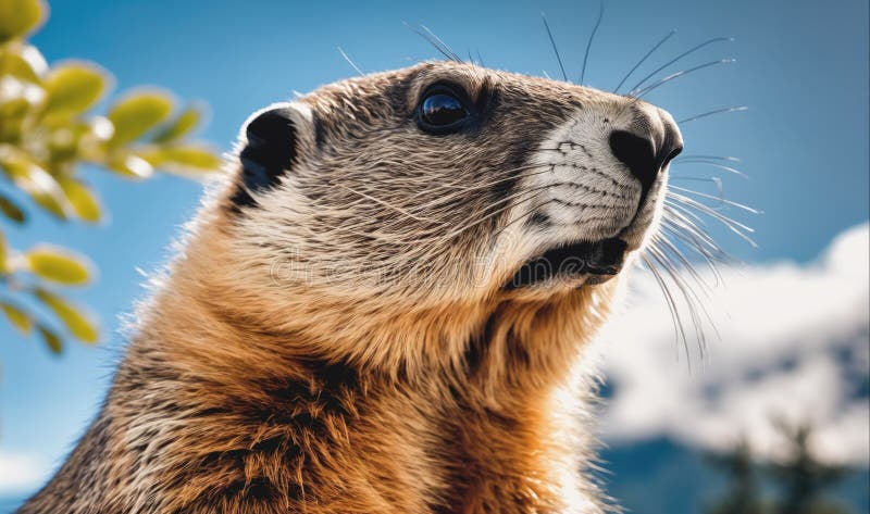 A Groundhog Looks Up with a Curious Expression Against a Blue Sky and ...