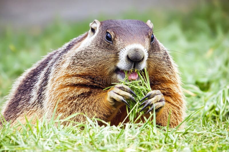 Groundhog Munching on Grass in a Sunny Meadow Stock Image - Image of ...