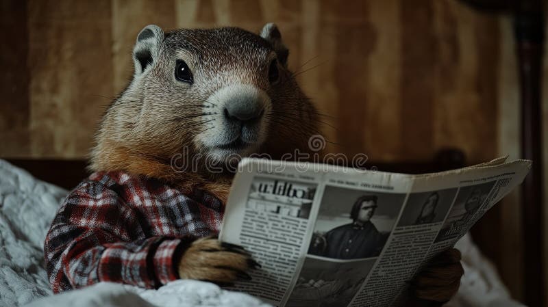 Groundhog in Pajamas Holding a Newspaper, Looking Sleepy but Stock ...