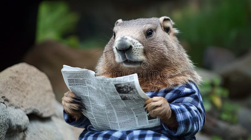 Groundhog in Pajamas Holding a Newspaper, Looking Sleepy but Stock ...