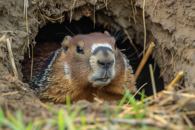 Groundhog Peeking from Underground Hole Stock Photo - Image of ...