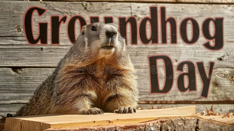 Groundhog Posing for Groundhog Day with Wooden Backdrop Stock Photo ...