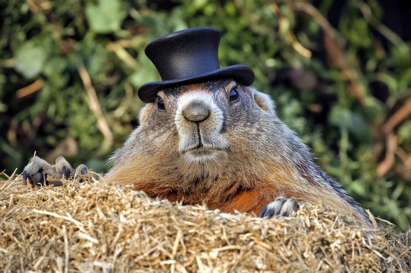 A Groundhog Sits on a Pile of Hay, Wearing a Top Hat Stock Photo ...