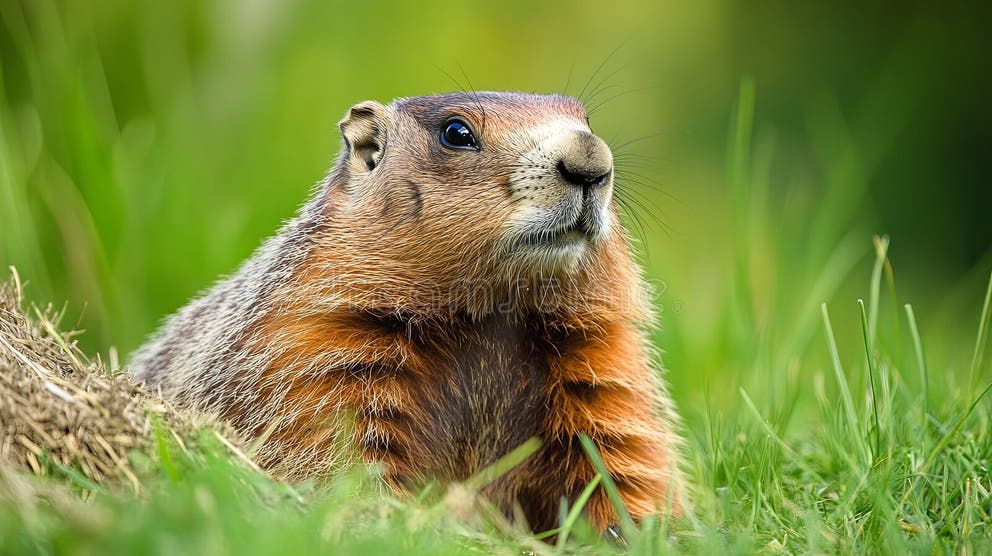 Groundhog Sitting Outside Its Burrow, Looking at the Sky with a Stock ...