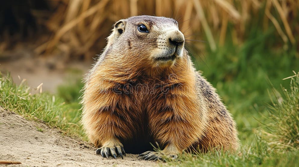Groundhog Sitting Outside Its Burrow, Looking at the Sky with a Stock ...