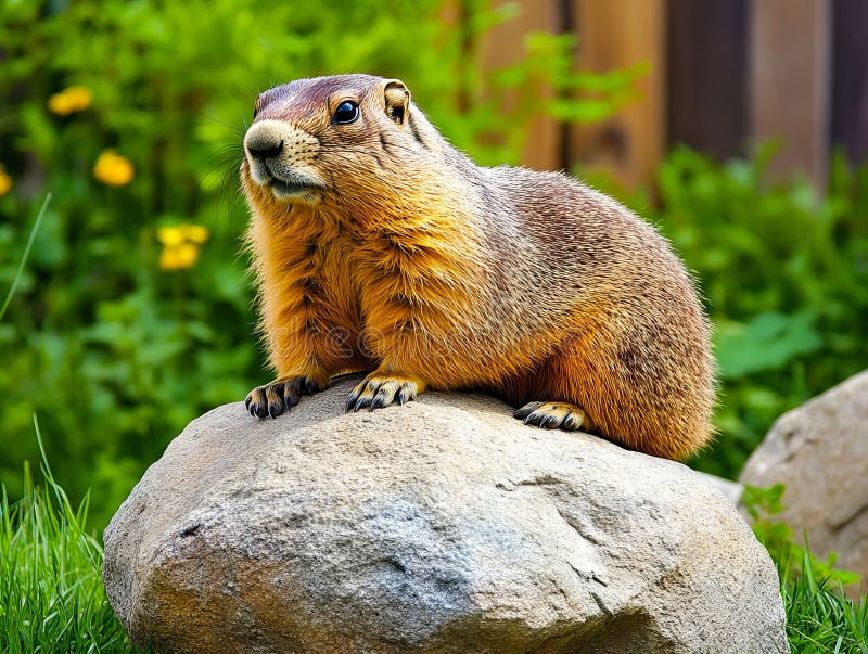 A Groundhog Sitting on a Rock in the Grass Stock Image - Image of mouth ...