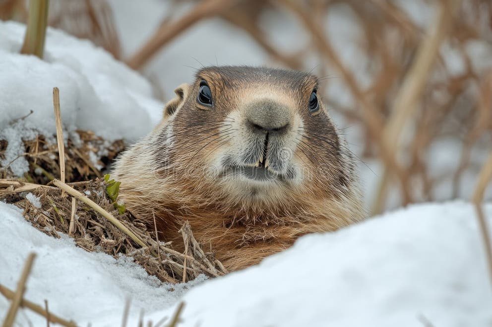 A Groundhog Sitting in the Snow Looking Directly at the Camera Stock ...