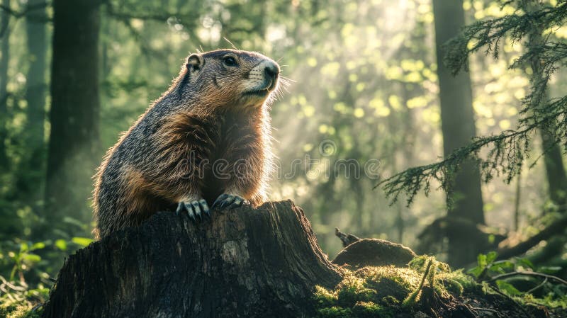A Groundhog Sitting on a Tree Stump in a Forest, with Sunlight ...