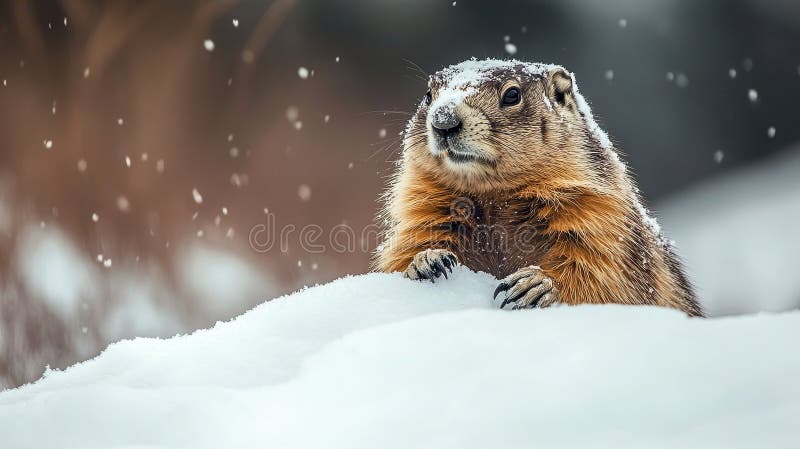 Groundhog in a Snow-covered Field, Looking Unsure about Predicting the ...