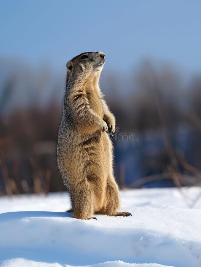Groundhog Standing Alert in Snowy Terrain Stock Image - Image of ...