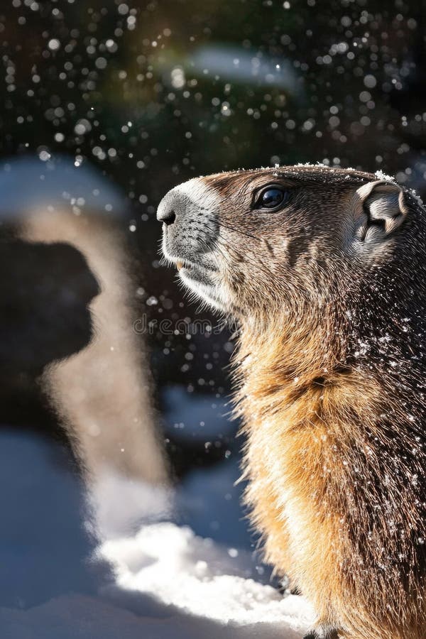 A Groundhog Stands in the Snow, Looking Around Stock Photo - Image of ...