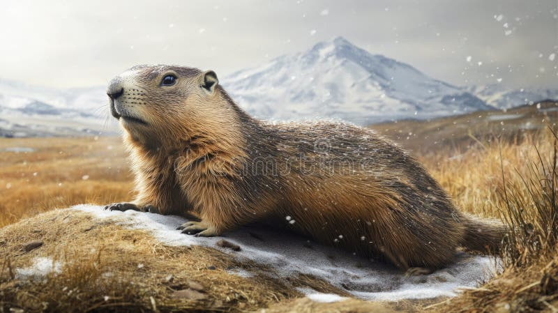 A Groundhog Stretching on the Edge of Its Burrow, with a Light Dusting ...
